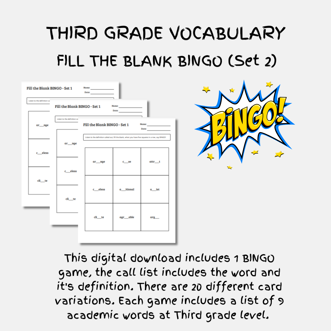 Third Grade 'Fill the blank' BINGO (set 2) – Nuggets of Wisdom