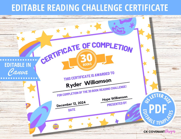 Editable Reading Challenge Certificate of Completion - Space/Rocket De ...