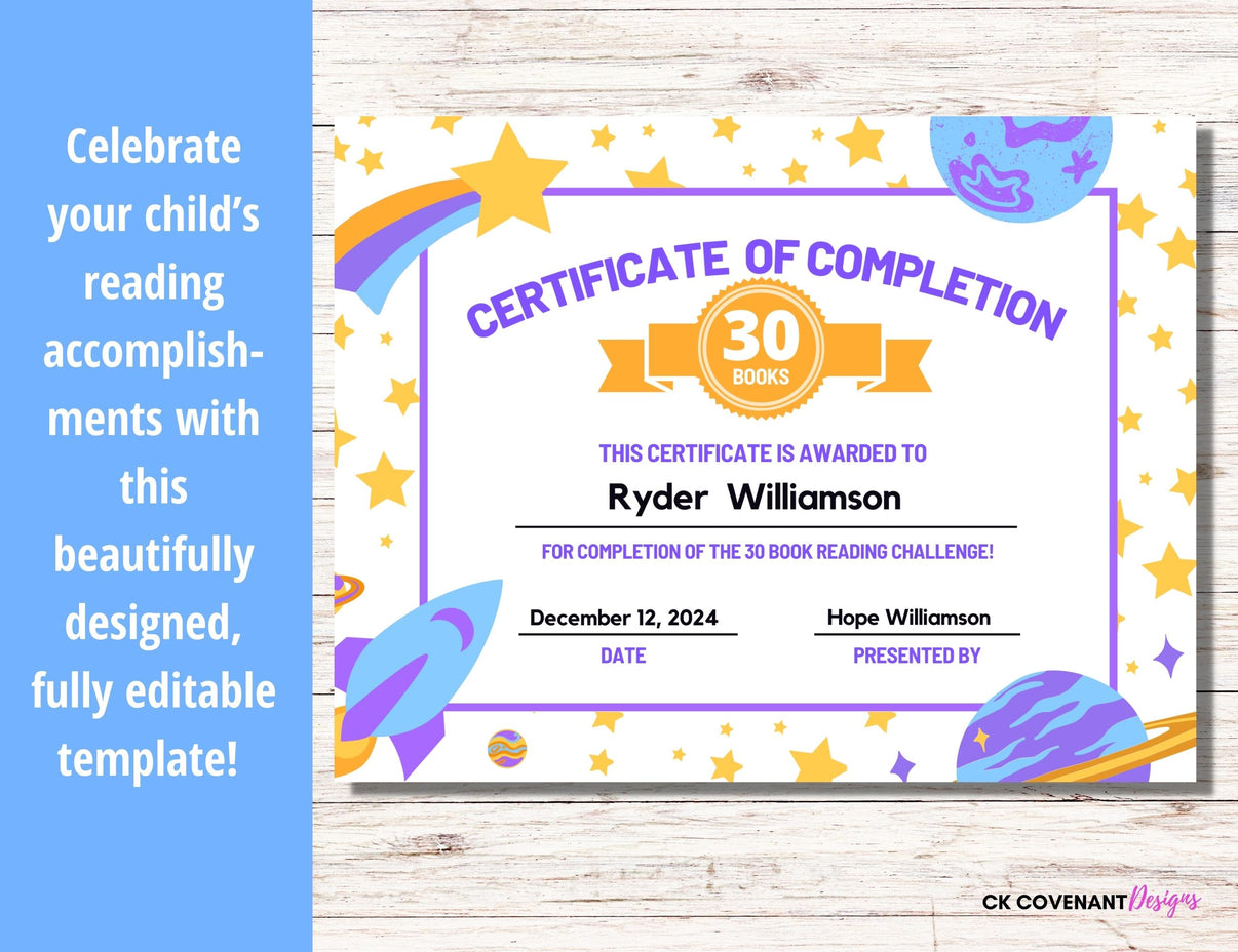 Editable Reading Challenge Certificate of Completion - Space/Rocket De ...