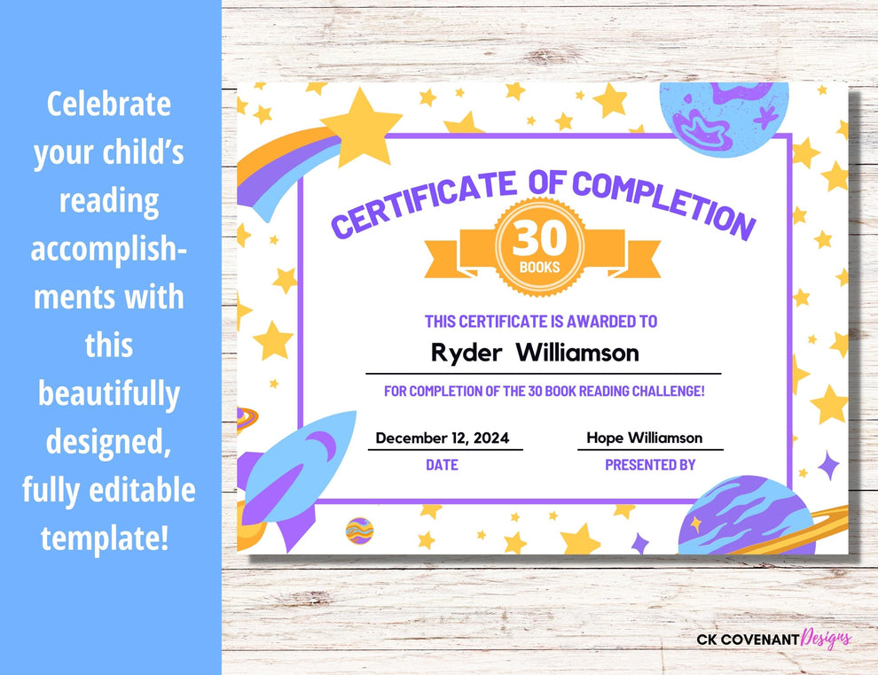 Editable Reading Challenge Certificate of Completion - Space/Rocket De ...