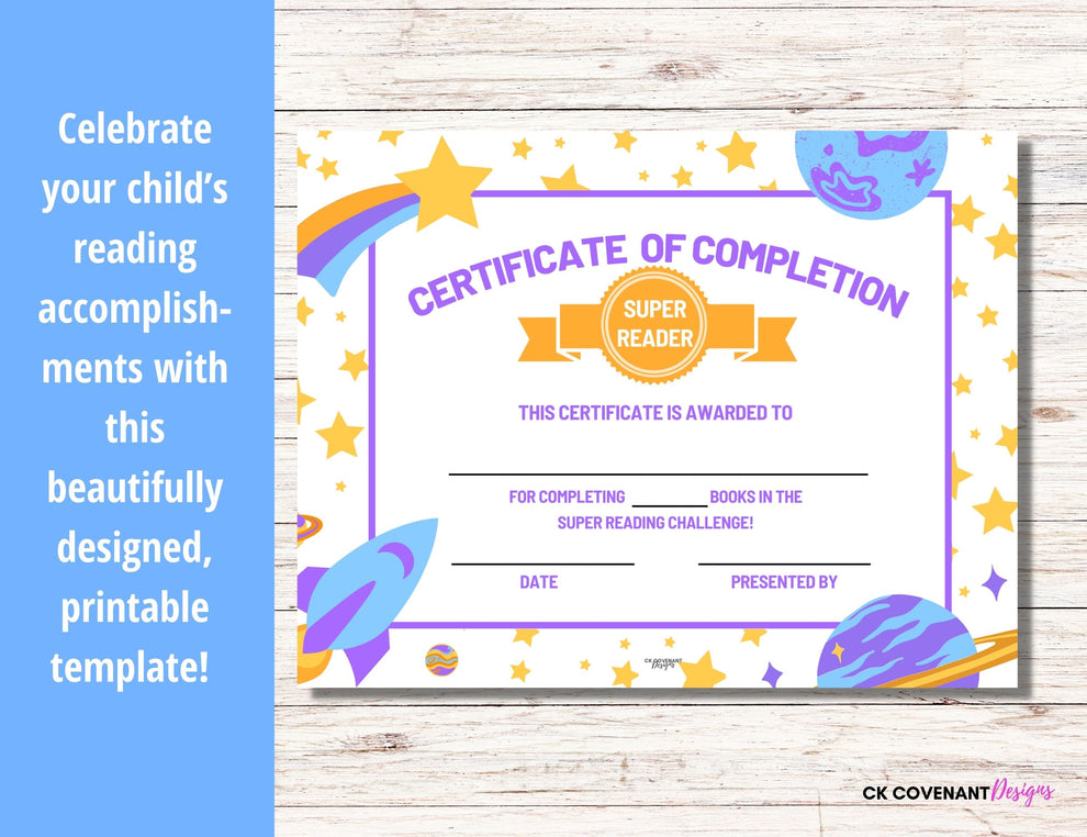 Reading Printable Certificate of Completion- Space – Nuggets of Wisdom