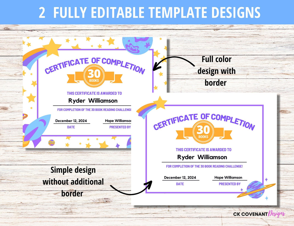 Editable Reading Challenge Certificate of Completion - Space/Rocket De ...