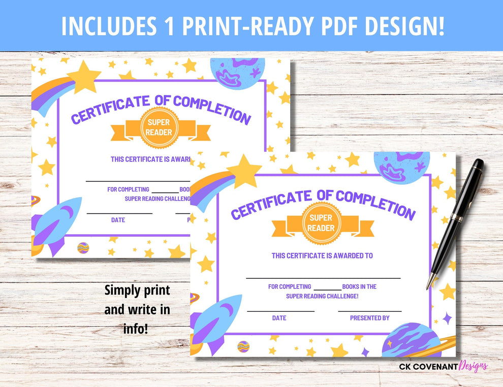 Reading Printable Certificate of Completion- Space – Nuggets of Wisdom