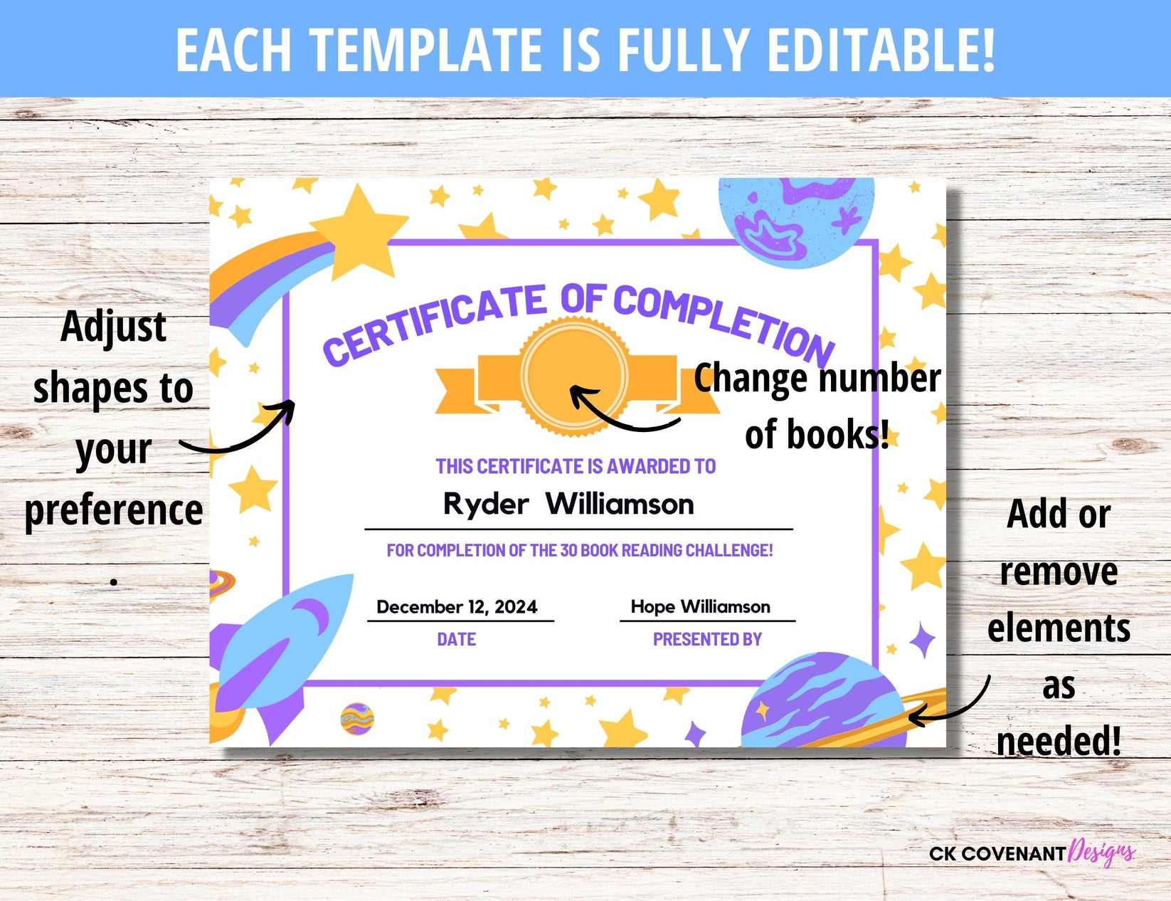 Editable Reading Challenge Certificate of Completion - Space/Rocket De ...