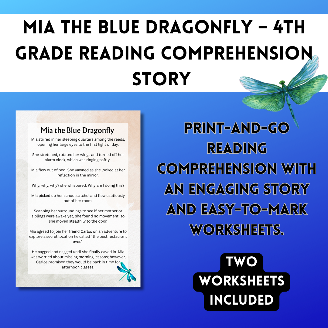 Mia the Blue Dragonfly – 4th Grade Reading Comprehension packet ...