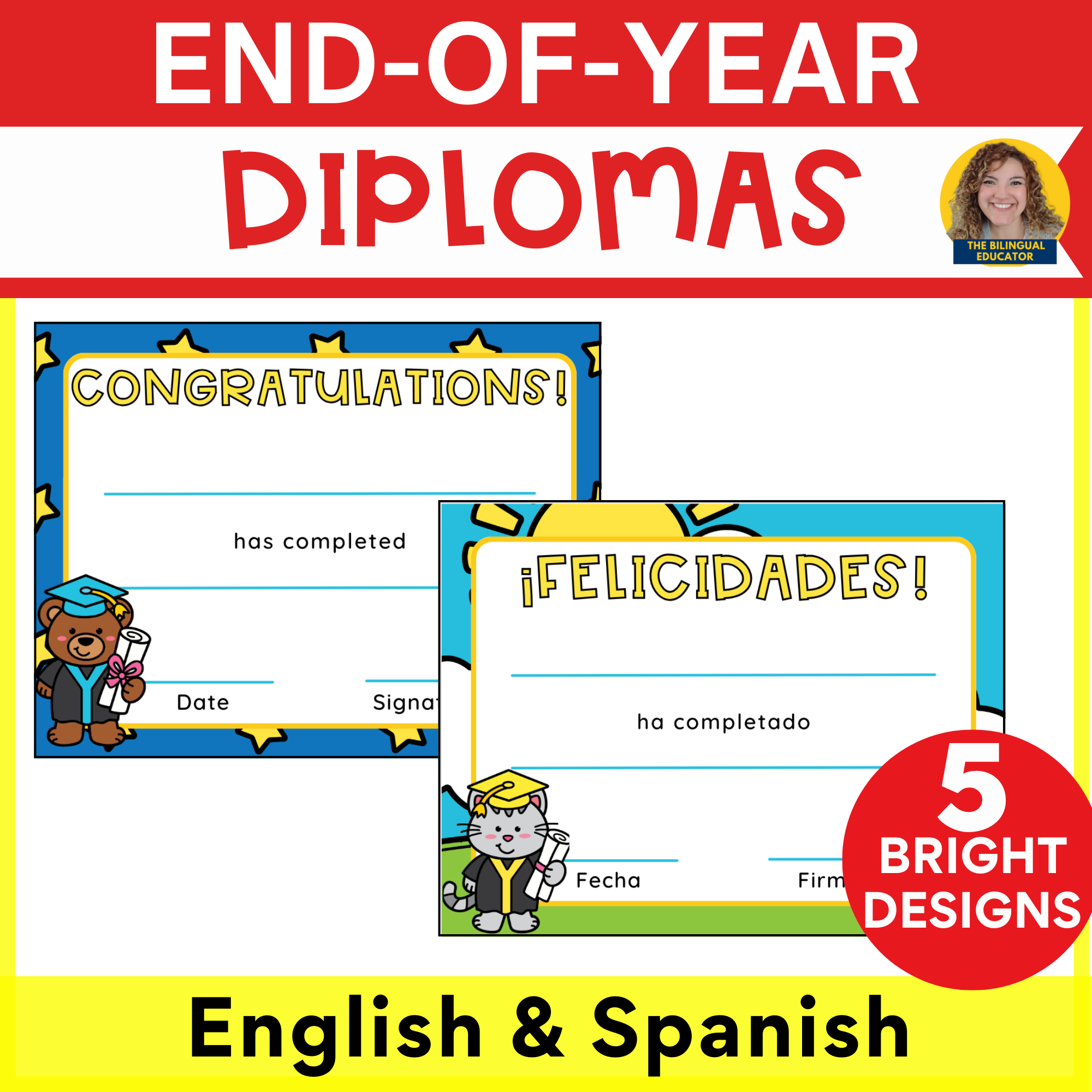 End of the Year Editable Diploma Certificate in English and Spanish ...