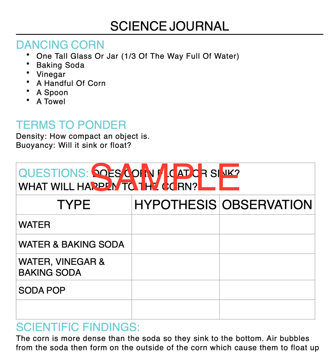 Dancing Corn Science Experiment Journal & Step-By-Step Instructions ...