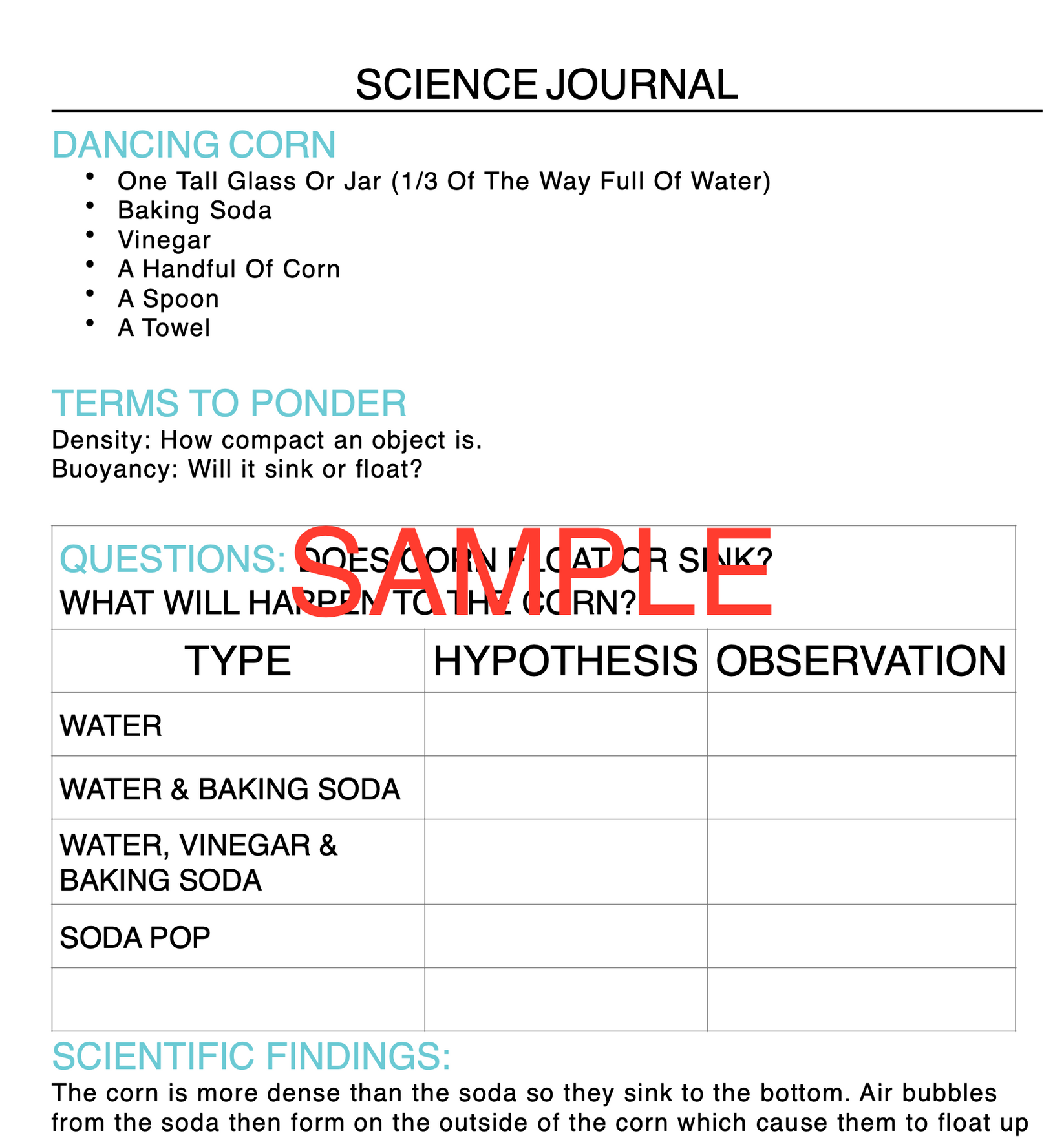 Dancing Corn Science Experiment Journal & Step-By-Step Instructions ...